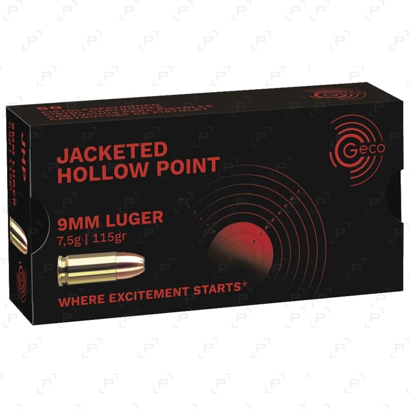 Cartouches de tir sportif pour armes de poing GECO JACKETED HOLLOW ...