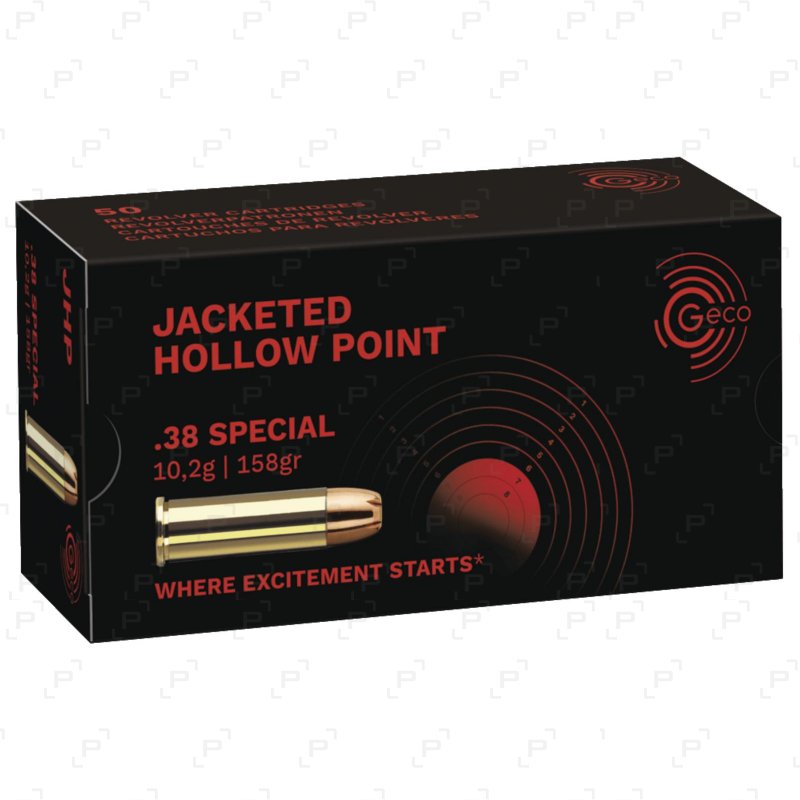 Cartouches de tir sportif pour armes de poing GECO JACKETED HOLLOW POINT calibre .38 SPÉCIAL ...